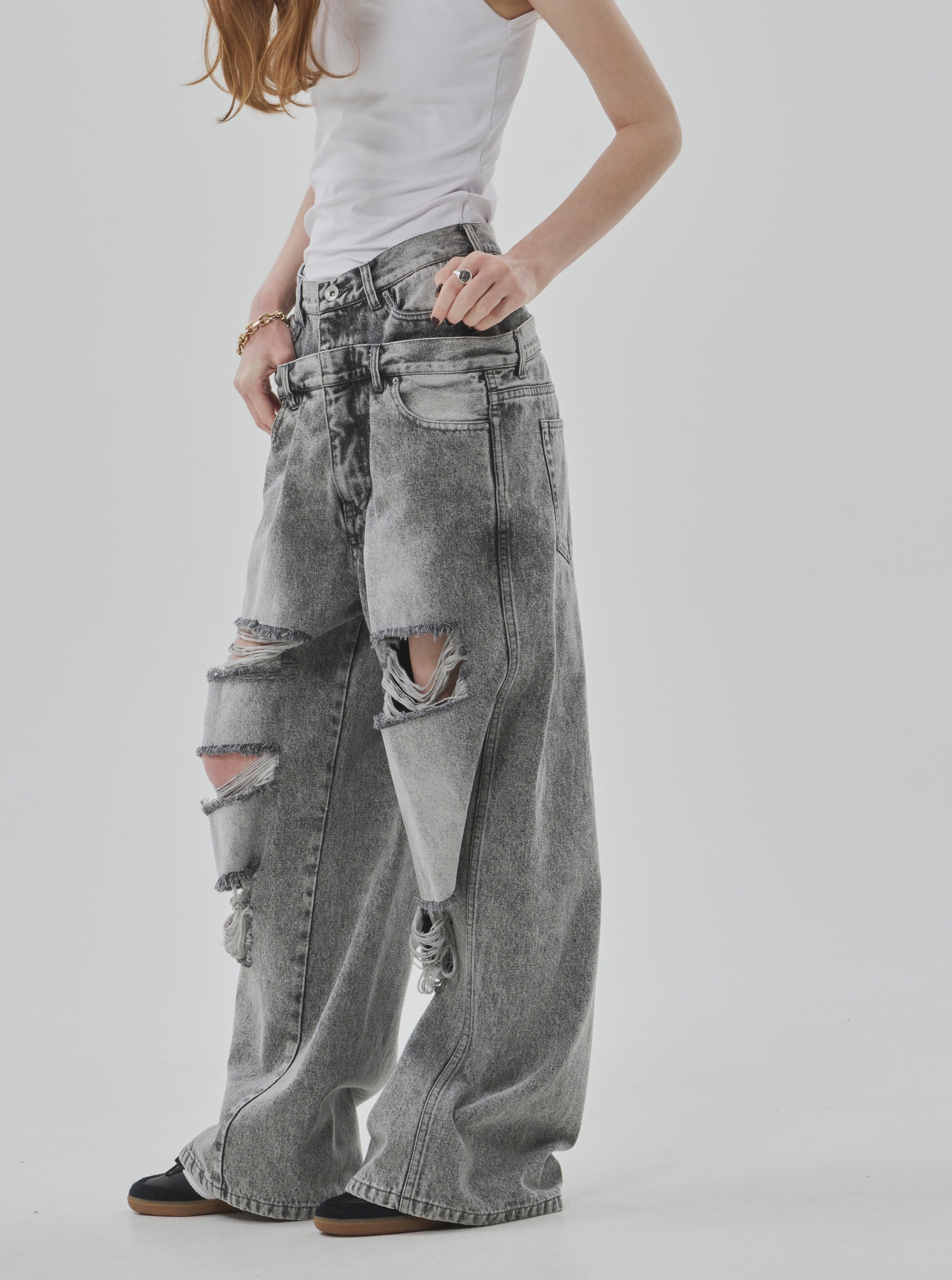 Lexington double belt denim pants